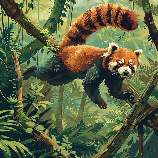 Red panda leaping playfully between branches – IMAGELLA