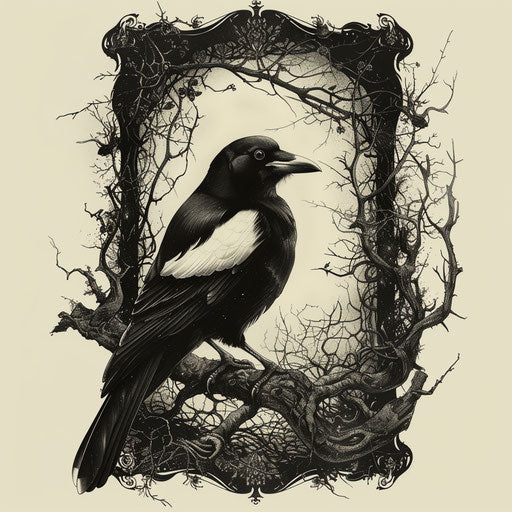 Gothic flat tattoo sketch of a magpie in a dark, thorny forest – IMAGELLA