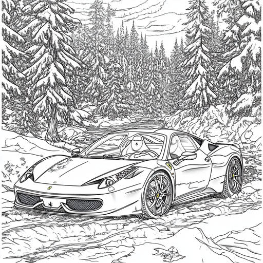 Ferrari in winter scene, Jan Brett style, festive coloring page – IMAGELLA