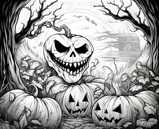 Halloween coloring pages with a jack o lantern, lith printing style ...