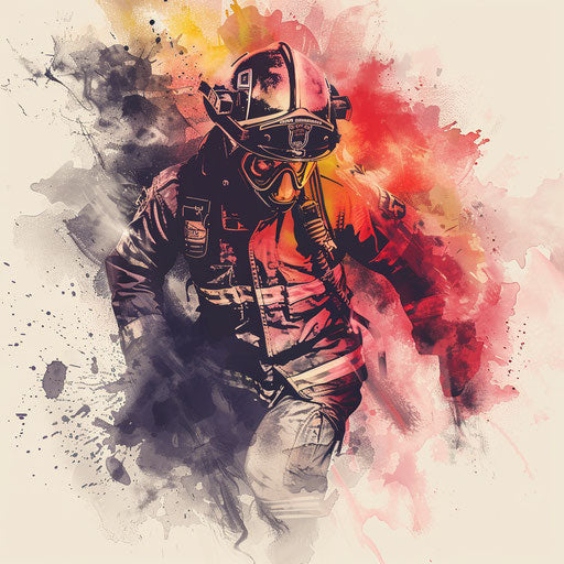 Tattooed firefighter sketch in rescue pose, muted tones – IMAGELLA