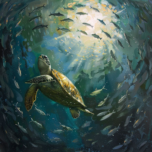 Underwater ballet: green turtle among silver fish and radiant sun ...