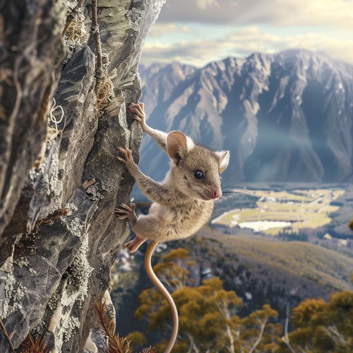 An adventurous mountain pygmy possum climbing a high alpine tree, with ...