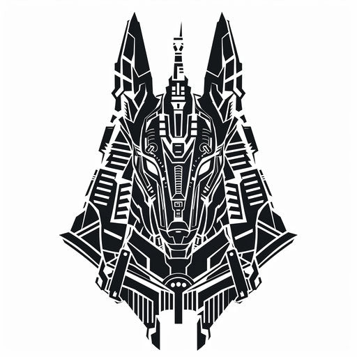 Futuristic Anubis stencil design with cybernetic elements on white ...