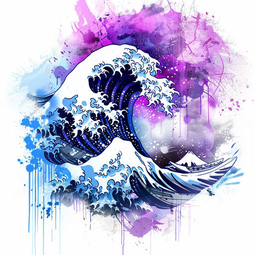 Abstract Japanese wave with purple and blue splashes – IMAGELLA