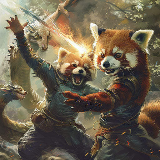 Red panda facing dragons in magical duel – IMAGELLA