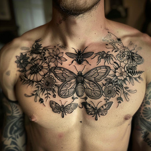Detailed insect designs chest tattoo for men – IMAGELLA