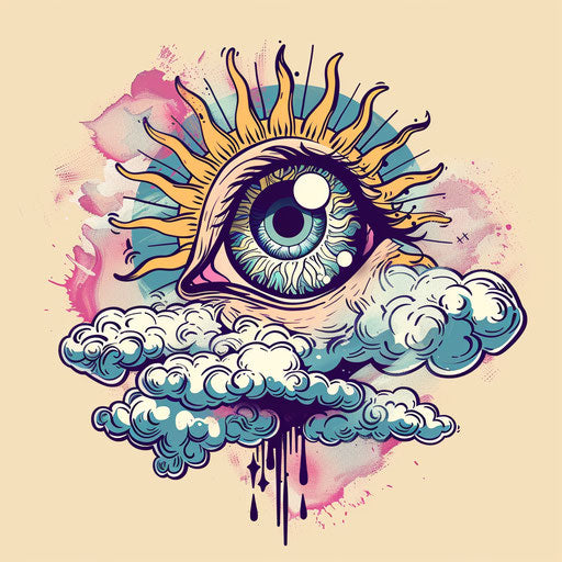 Cheerful tattoo sketch of an eyeball with sun and clouds – IMAGELLA
