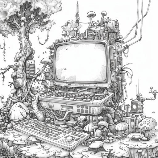 A whimsical computer in a fantasy setting with magical elements ...