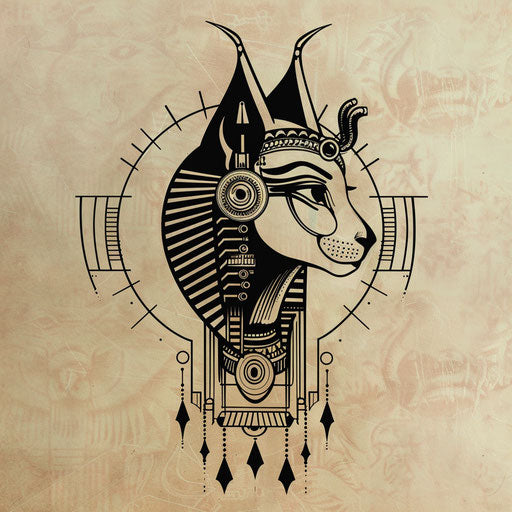Flat tattoo sketch inspired by Art Deco with Bastet framed by elegant ...