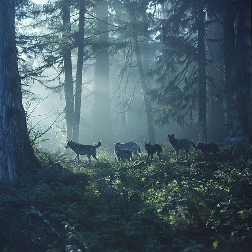 Pack of wolves moving silently through a dense forest in the early ...