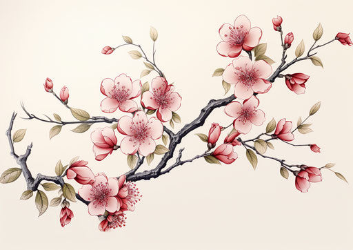 Pink flower branch, meticulous linework precision, painting and writing ...