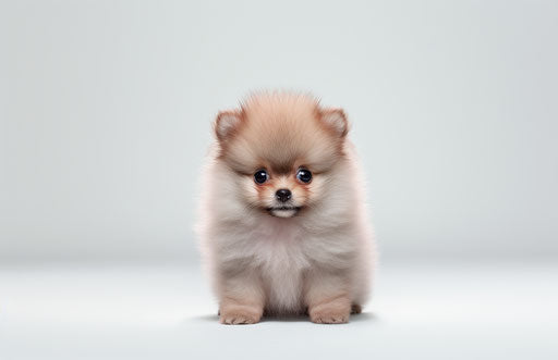 Pomeranian puppy on white background, light maroon and dark beige style ...