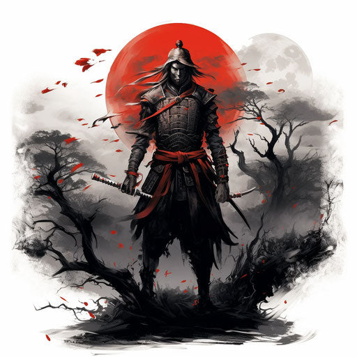 The samurai in dark chiaroscuro, anti-form, inky shadows, nightmare ...