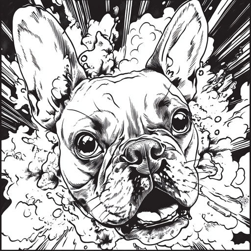 French bulldog in an action-packed scene, in the style of Mark Schultz ...