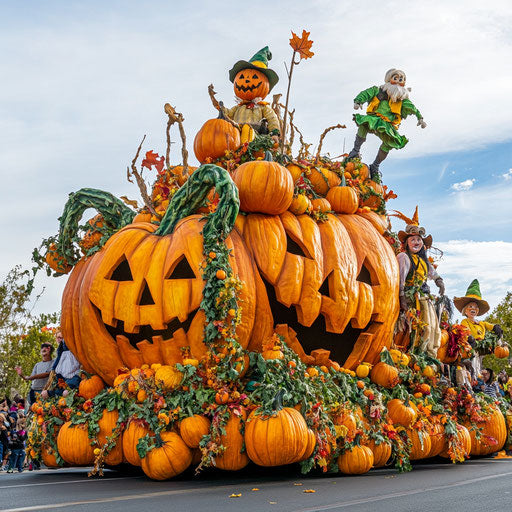 Whimsical pumpkin patch float with towering pumpkins, scarecrows, and autumn vines, parade ...
