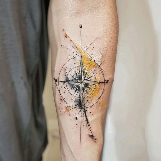 Artistic abstract compass tattoo with gold and silver splashes – IMAGELLA