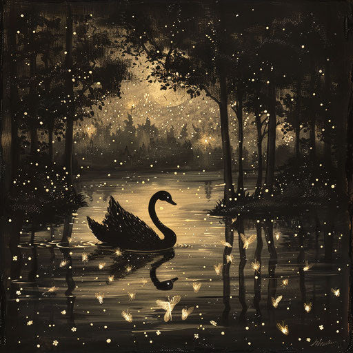 Elegant swan swims in moonlit pond with fireflies and forest – IMAGELLA