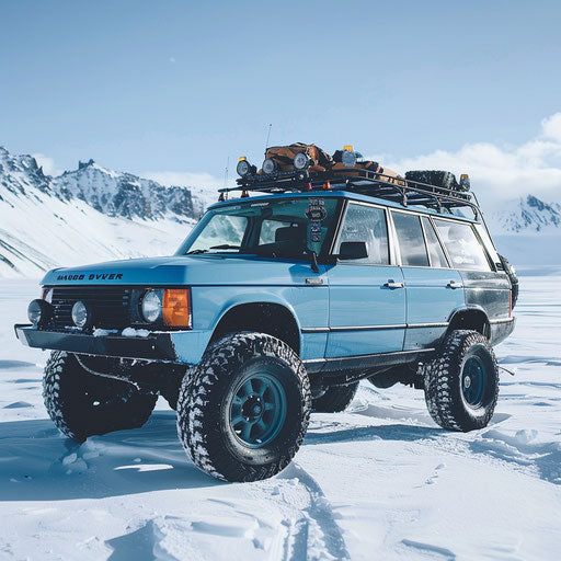A glacial blue 1995 Range Rover with oversized fat tires conquering ...