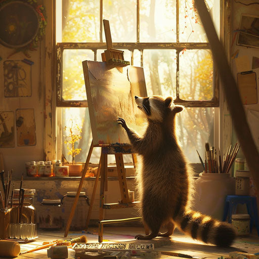 A raccoon artist painting a masterpiece in a sunlit studio – IMAGELLA