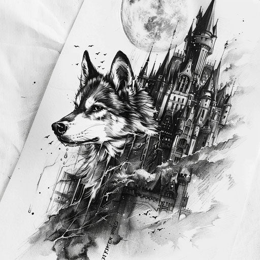 Flat gothic tattoo sketch of a husky with a moonlit castle – IMAGELLA