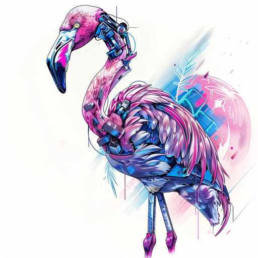 Futuristic cyberpunk flamingo tattoo design with metallic elements and ...