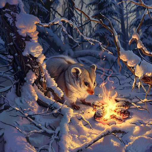 A mountain pygmy possum in front of a warm campfire, surrounded by snow ...