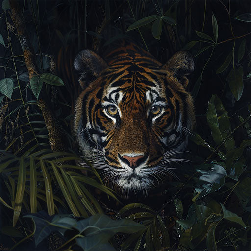 Intense gaze of a Sunda tiger camouflaged in dense underbrush – IMAGELLA