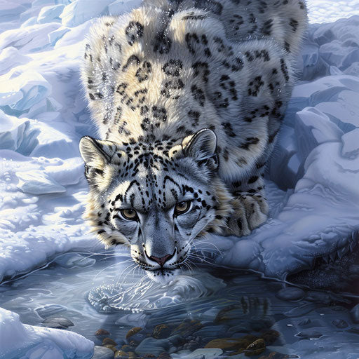 Snow leopard drinking from thawing ice stream – IMAGELLA