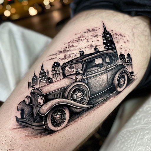Traditional gangster tattoo of vintage car and city skyline background ...
