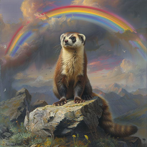 Majestic black-footed ferret on a rock, framed by a rainbow after the ...