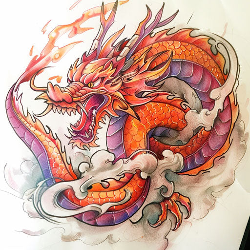 Artistic sketch of a traditional dragon tattoo curling around a cloud ...
