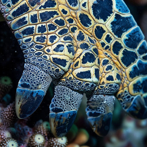Close-up of a hawksbill sea turtle's flippers, texture and patterns ...