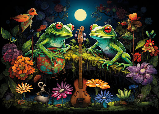 Two frogs in a tree, flowers and an alien, in the style of psychedelic ...
