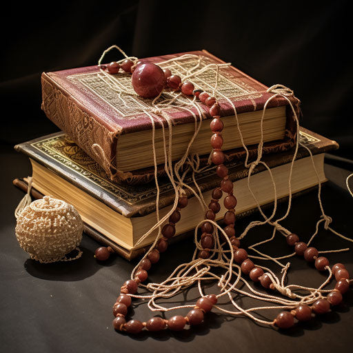 Islamic book with beaded string, maroon tones, religious themes – IMAGELLA