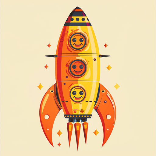 Cheerful flat tattoo sketch of a rocket with smiley faces – IMAGELLA