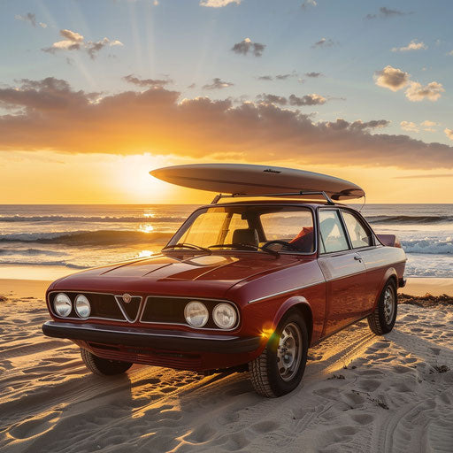 Alfa Romeo Alfasud with surfboards, sandy beach at sunrise – IMAGELLA