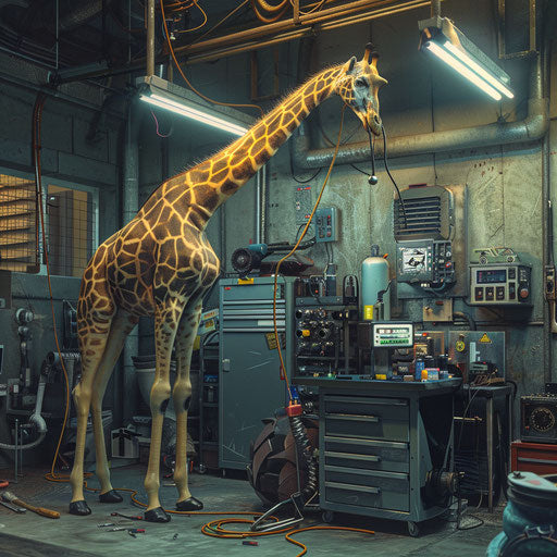 A giraffe mechanic working in a high-tech garage. – IMAGELLA
