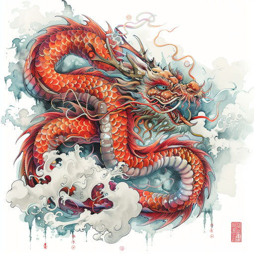 Artistic sketch of a traditional dragon tattoo, curling around a cloud ...