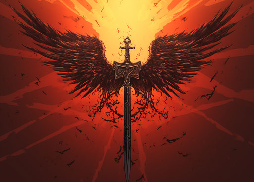 The wings of the sun and a sword, punk style, anemoiacore, ashcan ...