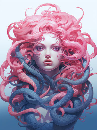 Simplified and stylized medusa, navy and pink, hyper-realistic – IMAGELLA