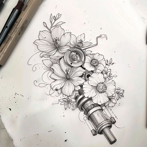 Tranquil sketch of a flat piston on a soft bed of mechanical flowers ...