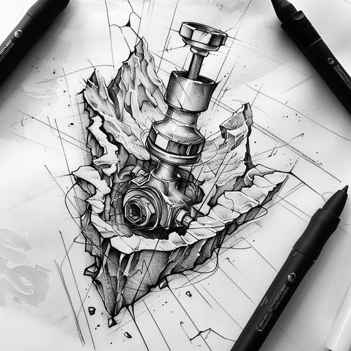 Flat tattoo sketch of a piston pushing through a rugged, textured ...