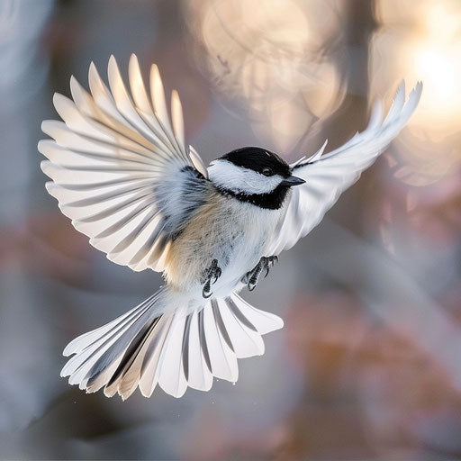 Chickadee in mid-flight with wings spread – IMAGELLA