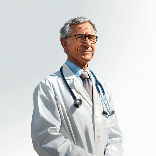 Realistic depiction of a doctor on a flat white backdrop, high contrast ...