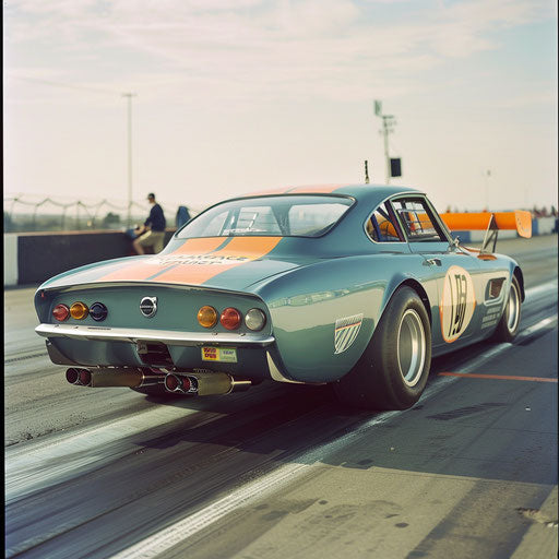 1966 Volvo P1800 drag racer, with giant wing and slicks, at starting ...