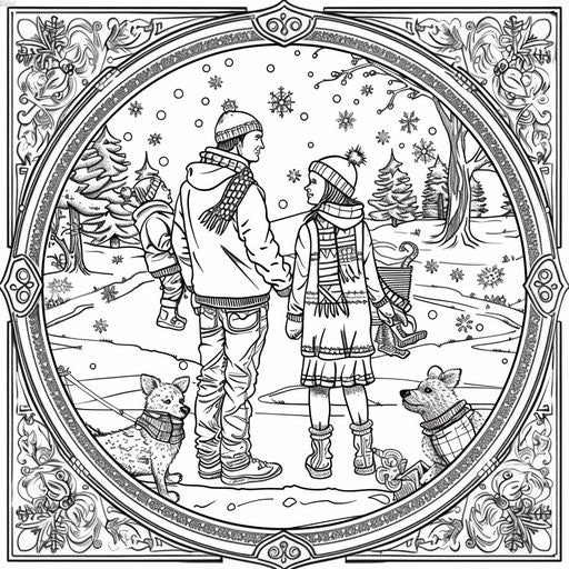 Winter family scene with snowflakes, Jan Brett style – IMAGELLA