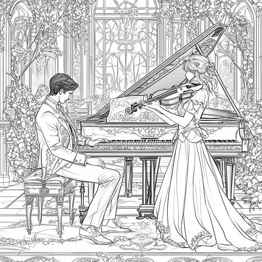 Violin and piano duet, in the style of Mark Schultz, Coloring book page ...