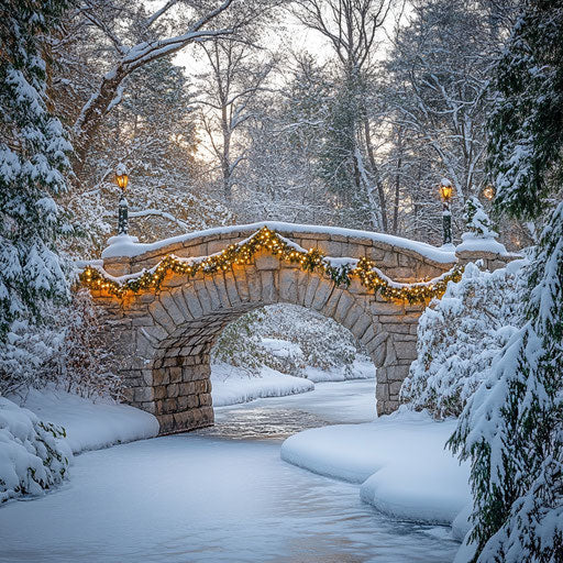Picturesque stone bridge over a frozen creek surrounded by snow-covered ...