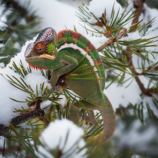 Chameleon on a snow-covered pine branch in a winter landscape – IMAGELLA